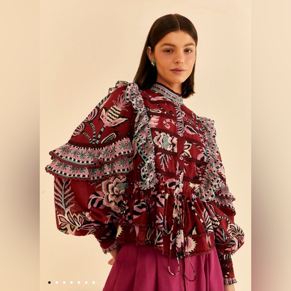 FARM Rio | Tops | Farm Rio Burgundy Pineapple Inspiration Ruffle Blouse ...